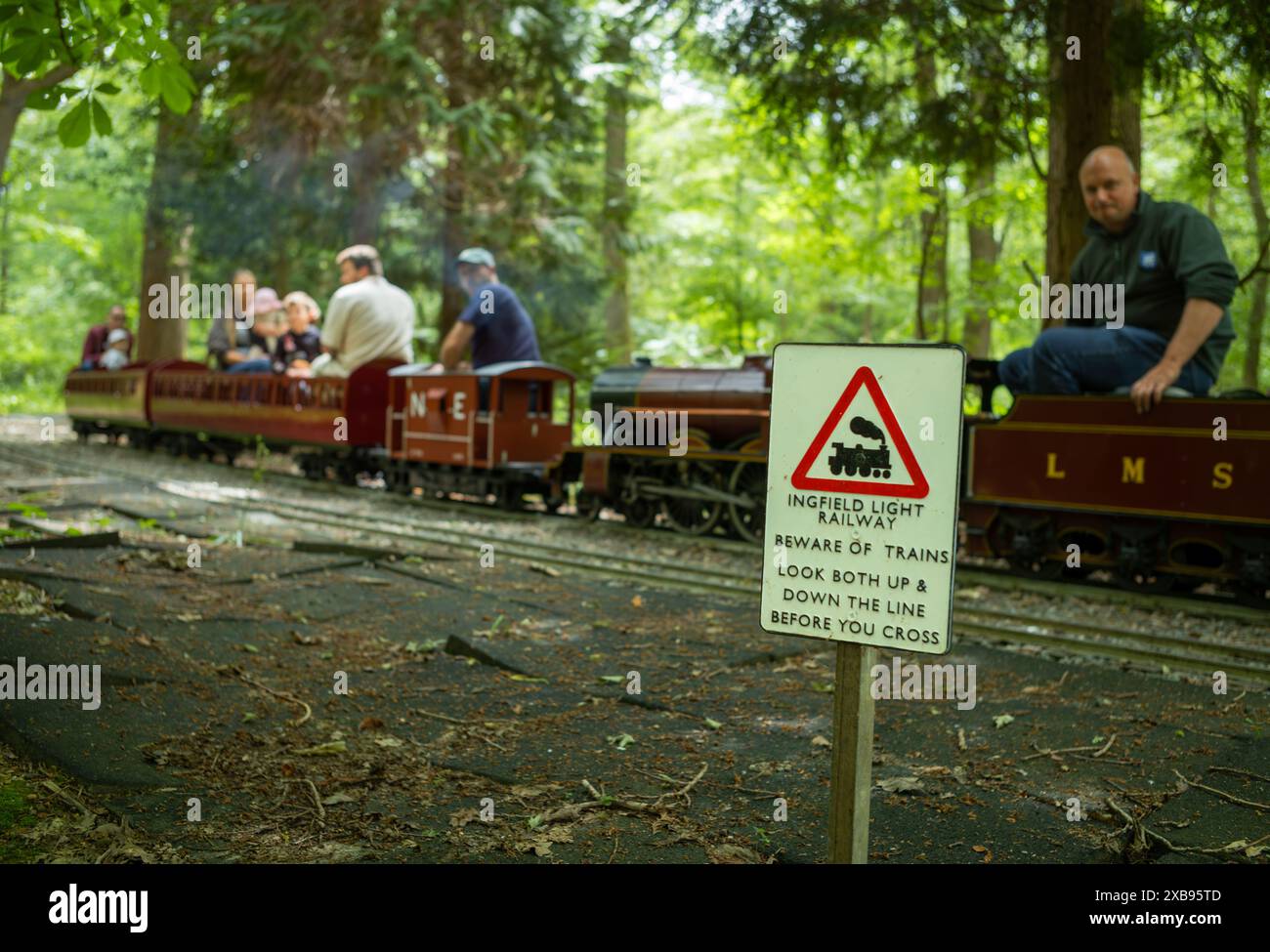 A minature narrow gauge steam train carrying passengers is driven past ...