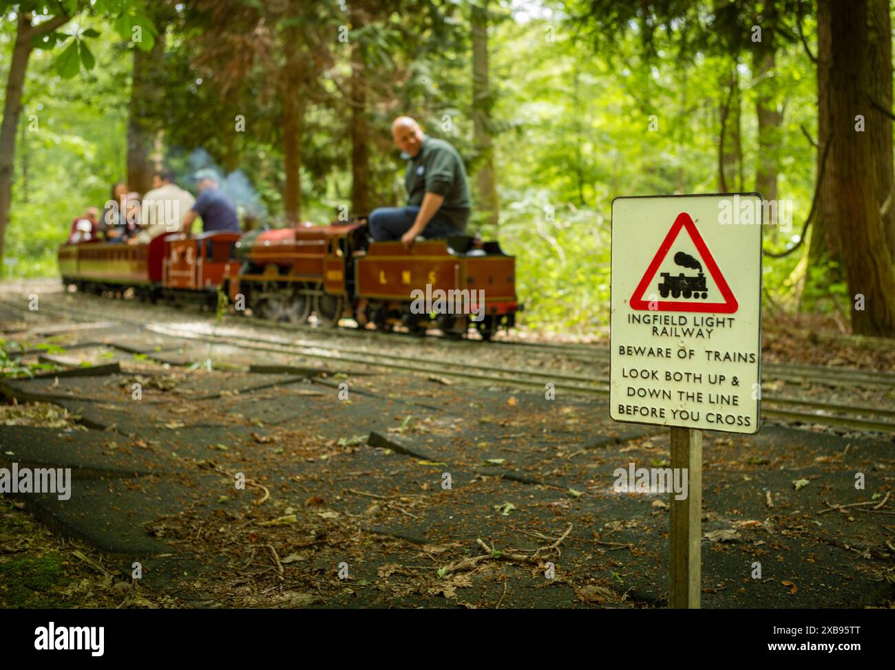 A minature narrow gauge steam train carrying passengers is driven past ...