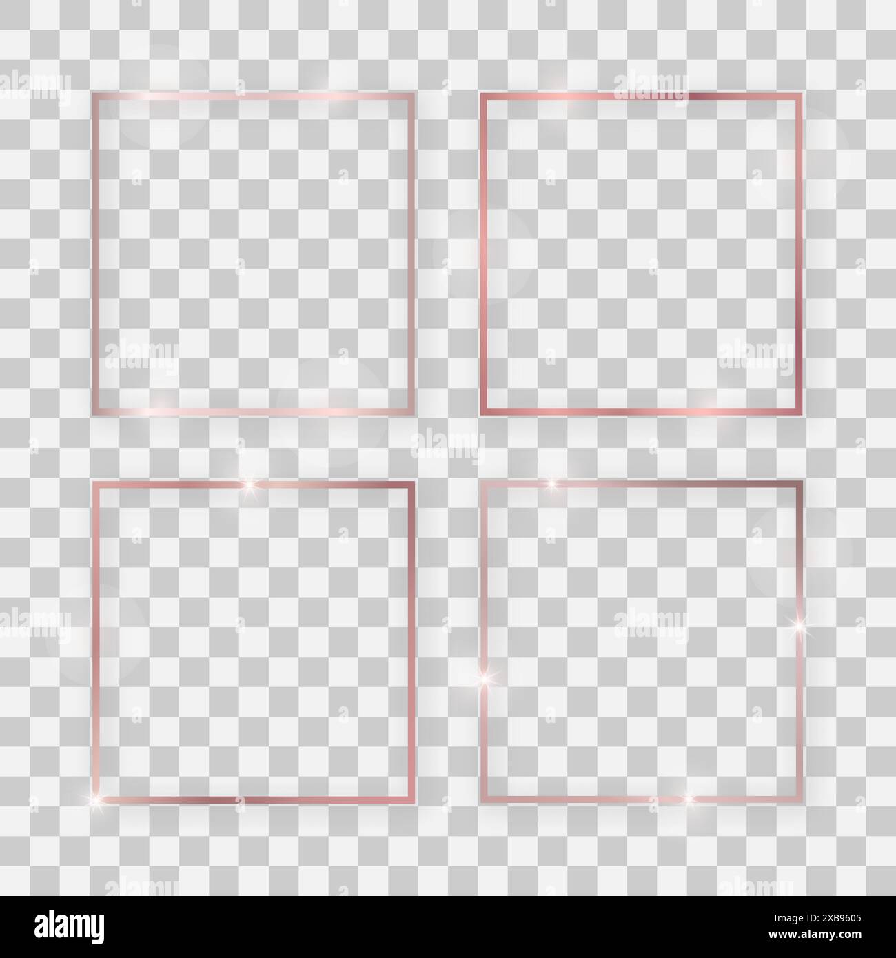 Set of four rose gold shiny square frames with glowing effects and shadows on transparent ...