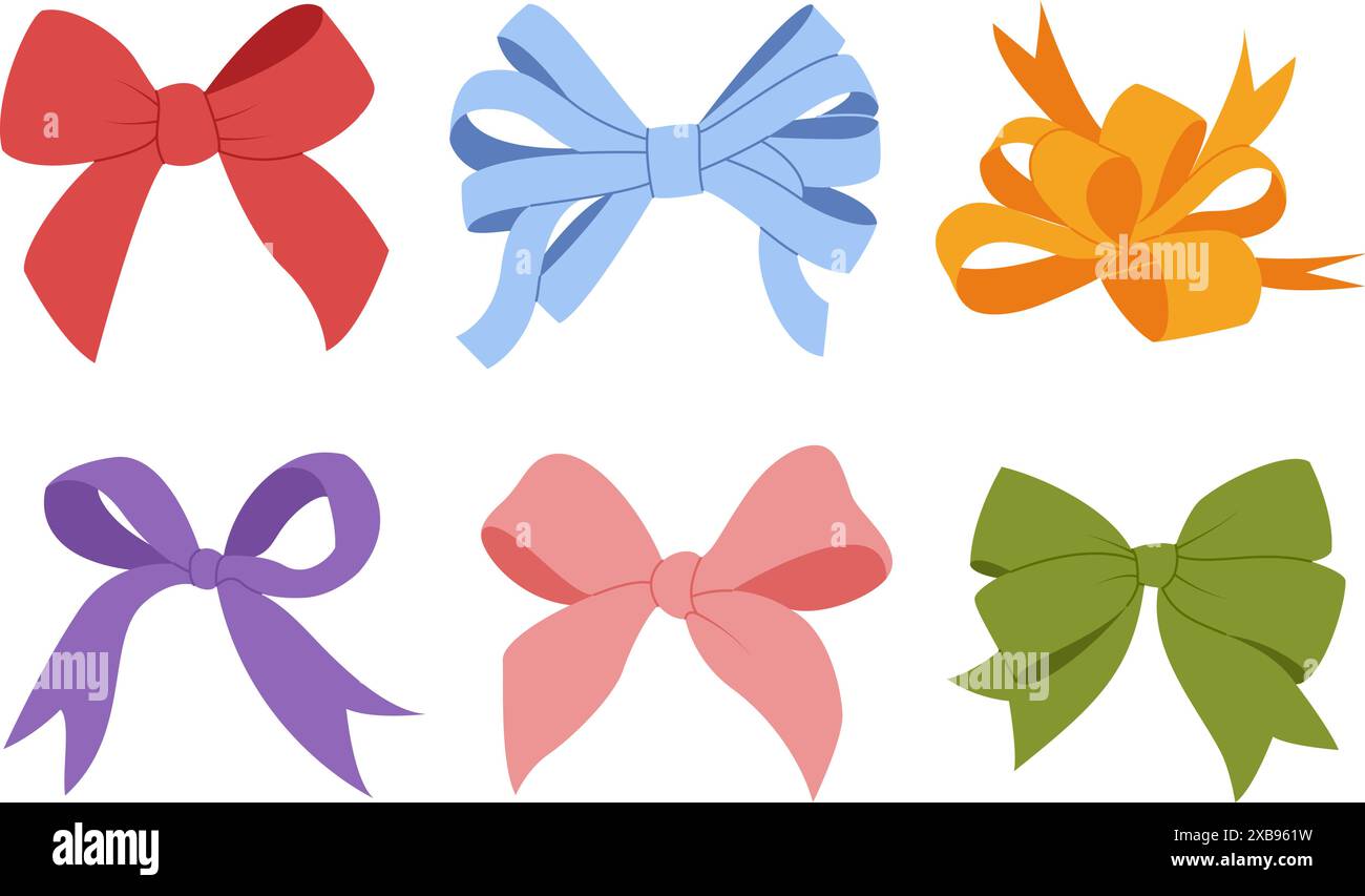 Ribbon bow set. Valentine day or wedding decorated tape bows. Cartoon ...