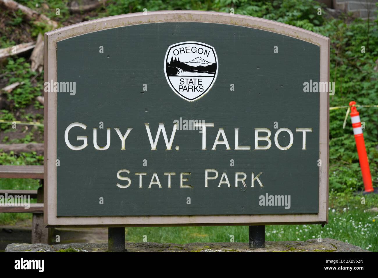 An entrance grey wooden information sign board at the Guy W. Talbot ...