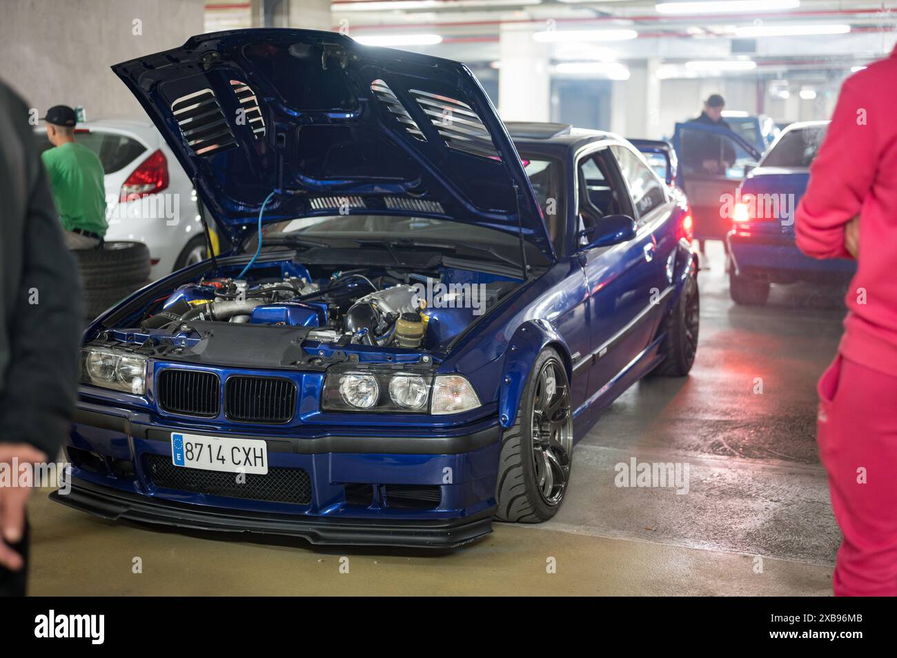 Beautiful classic German sports car, the BMW E36 with the hood open ...
