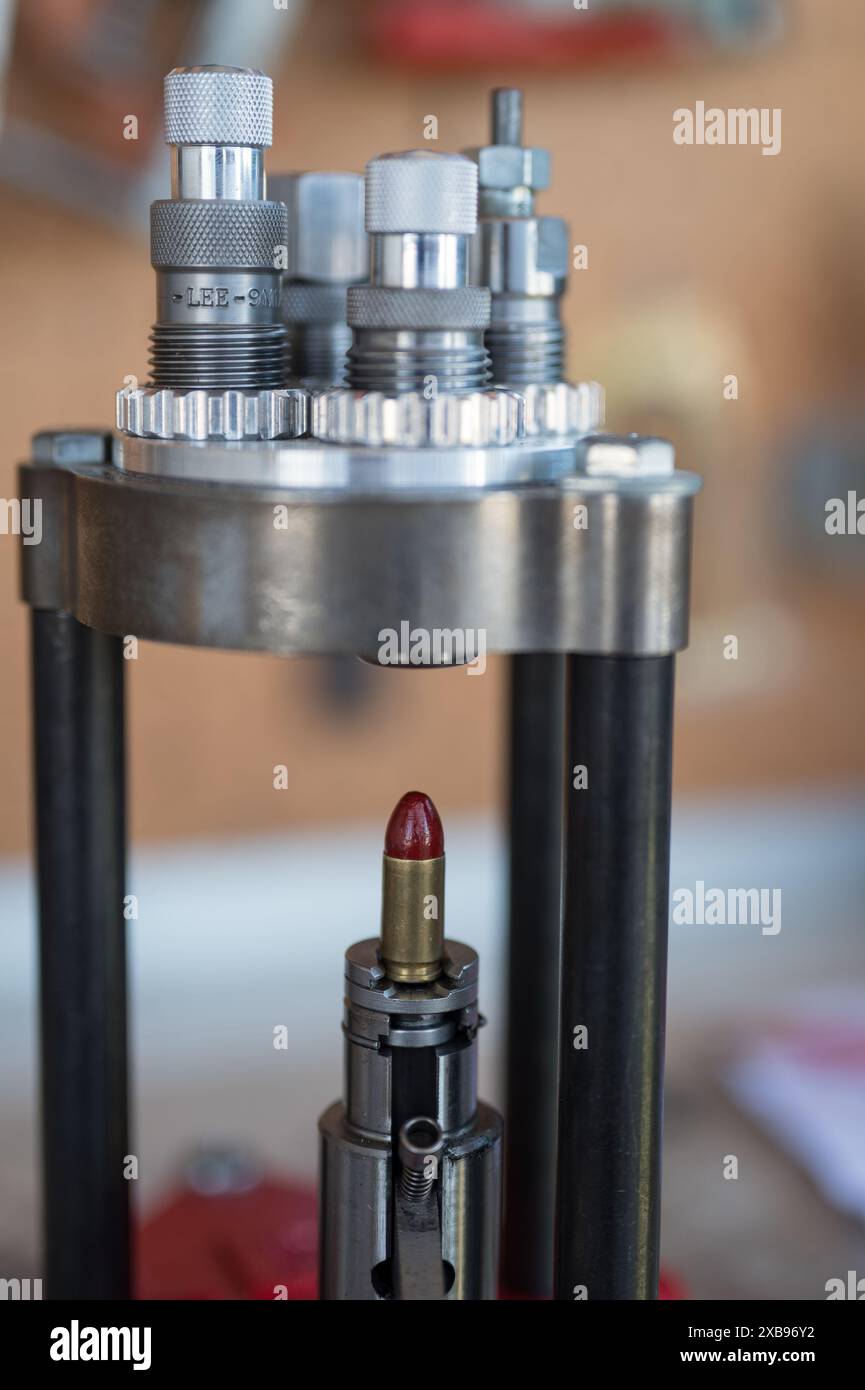 Ammunition reloading process at home. Detail of the manual placement ...