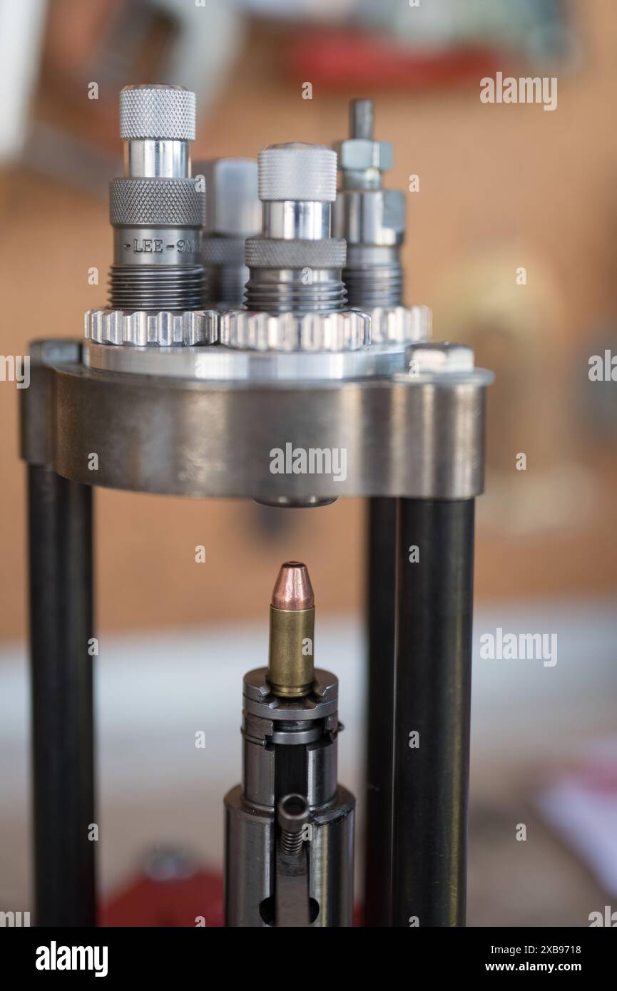 Ammunition reloading process at home. Detail of the manual placement ...