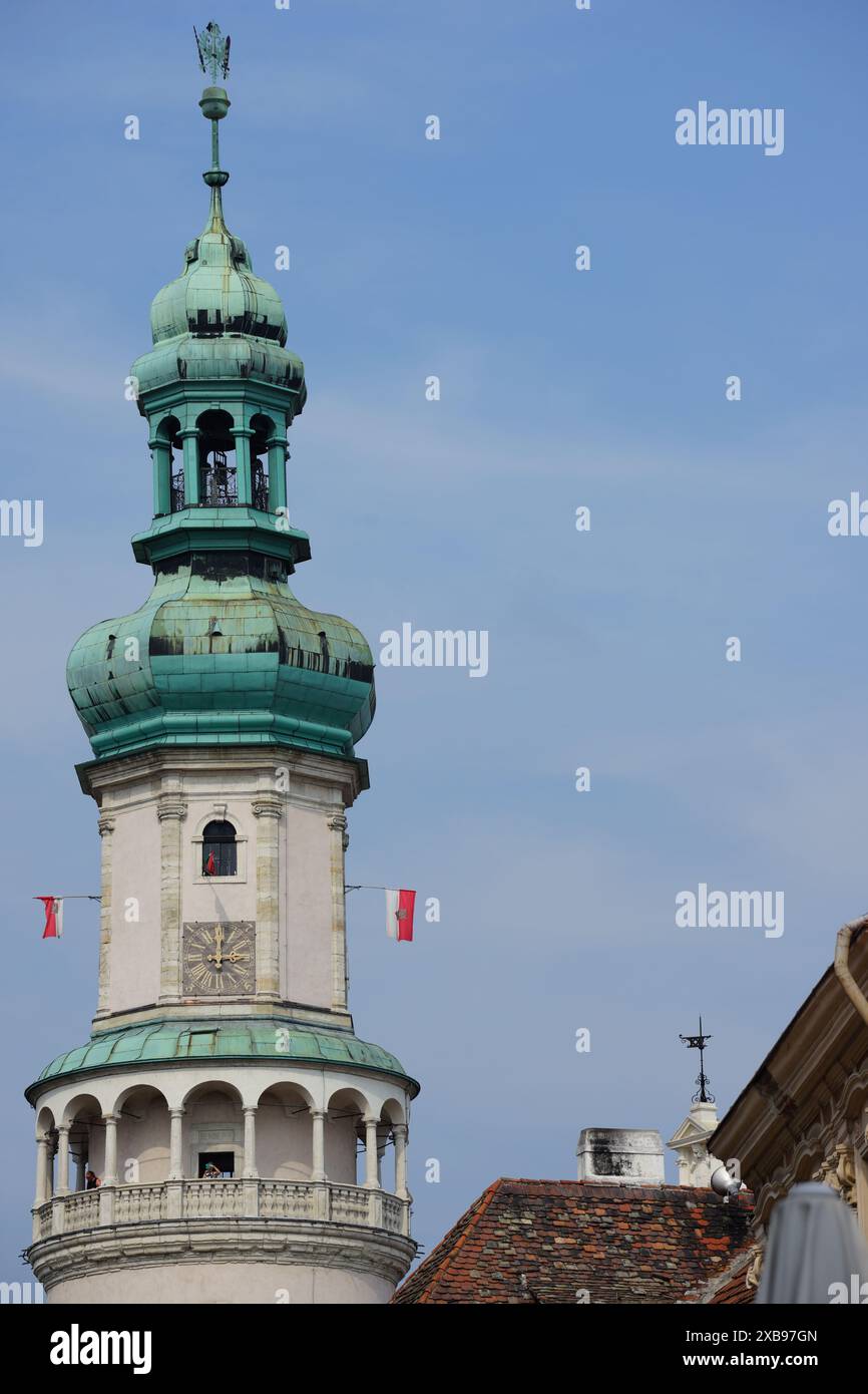 A high-rise structure with a clock tower and green rooftop Stock Photo ...