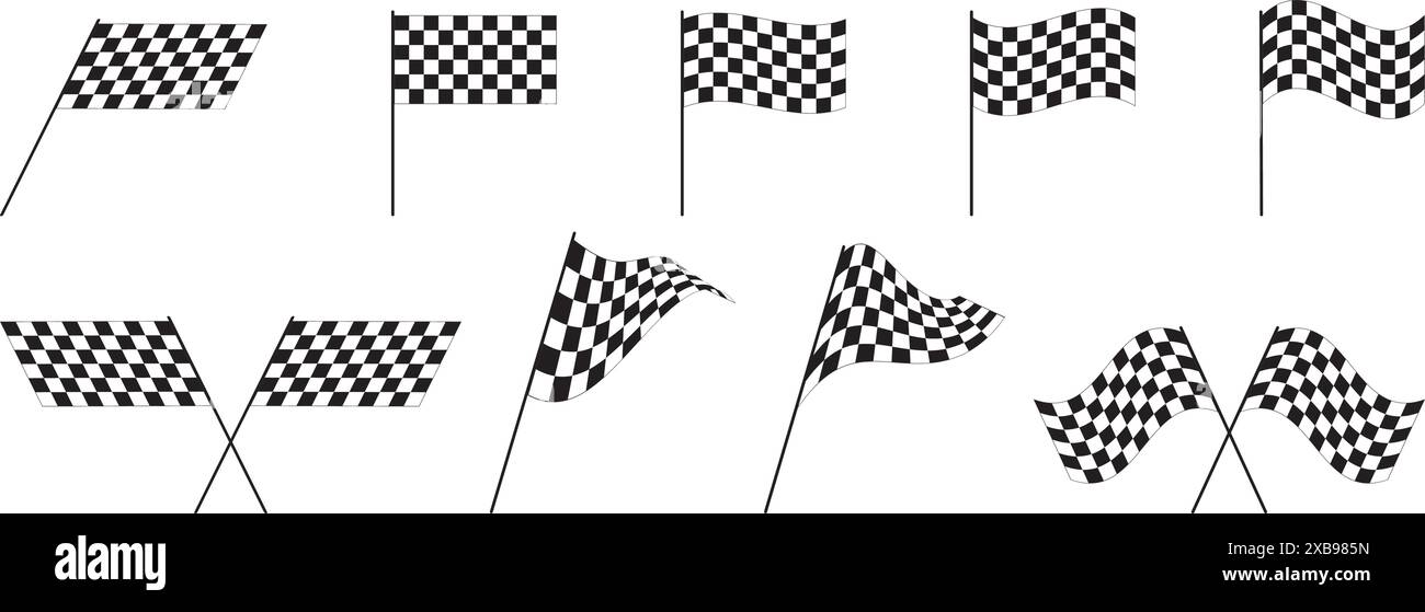 Set of race flags with chequered black and white print. Start or finish ...