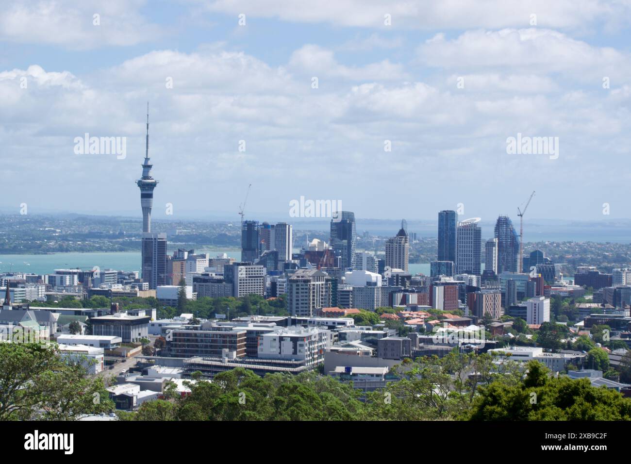 A panoramic view of Auckland city skyline with the Sky Tower and ...
