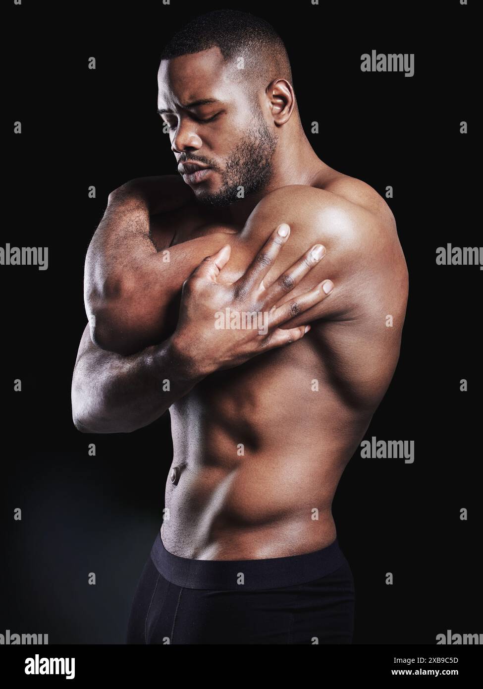 Thinking, stretching and black man with pride for fitness, health and ...