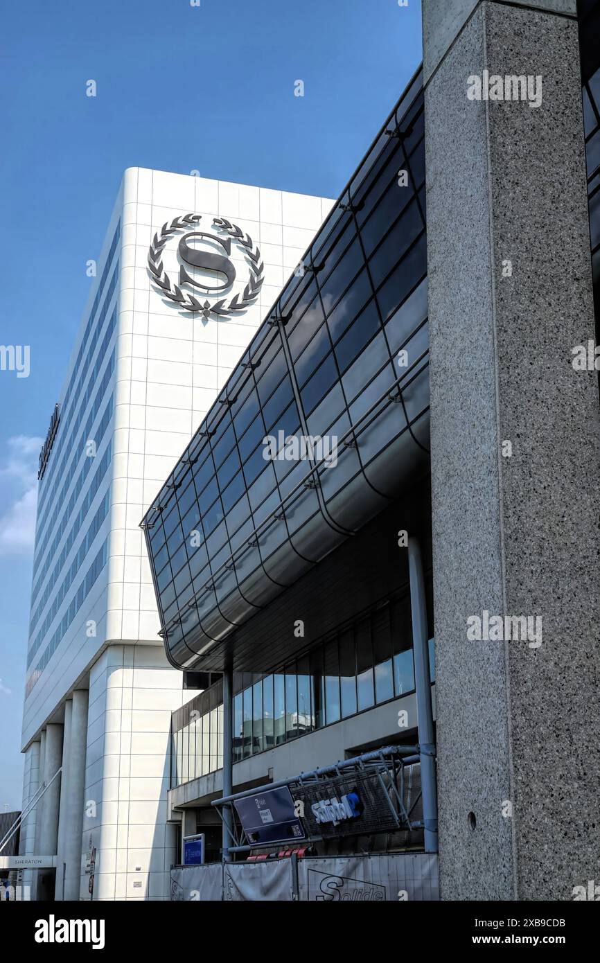 Wide angle view on the facade of the Sheraton hotel building with ...