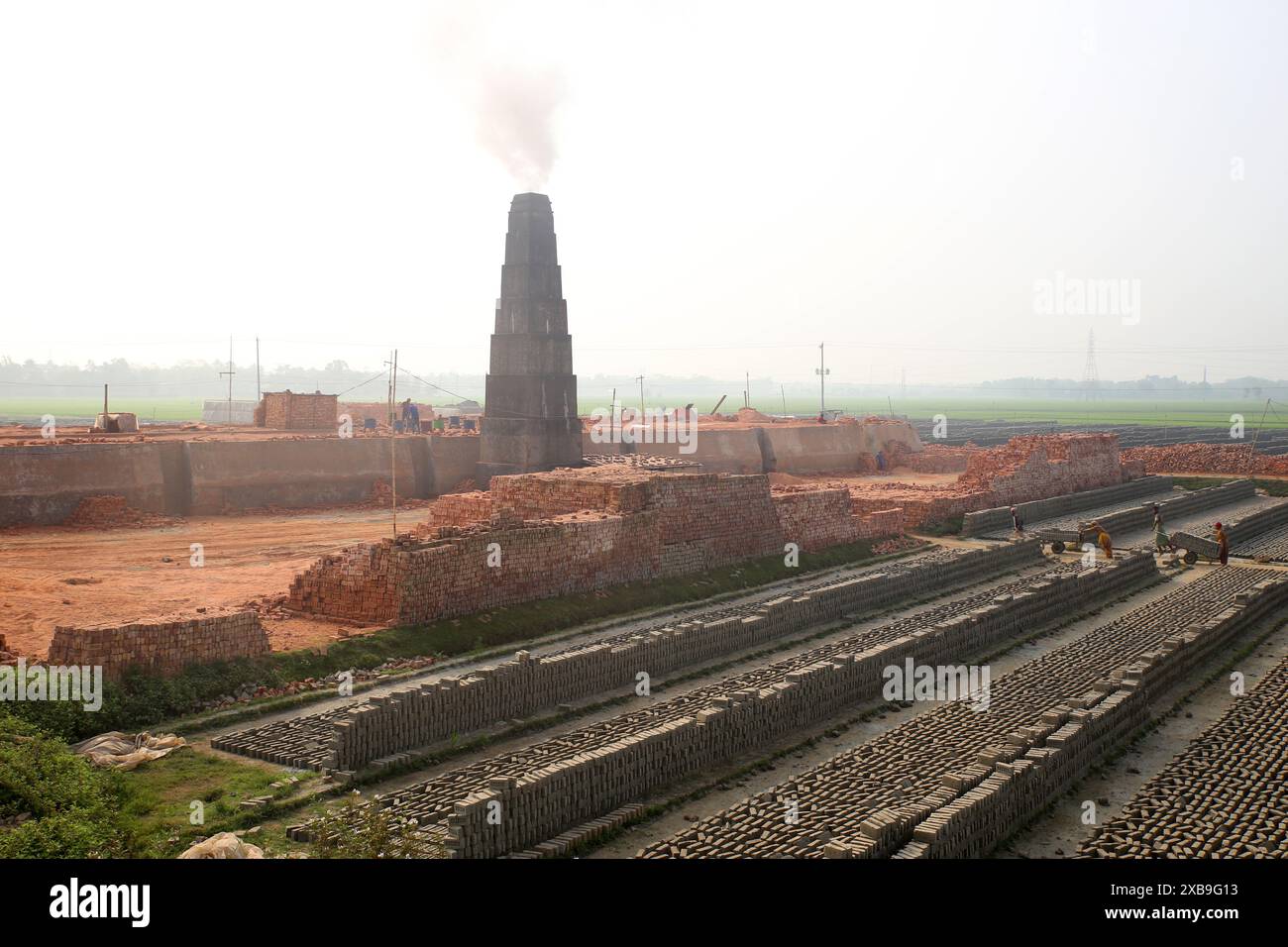 Soil mud bricks in an open field are left to dry in the sun before ...