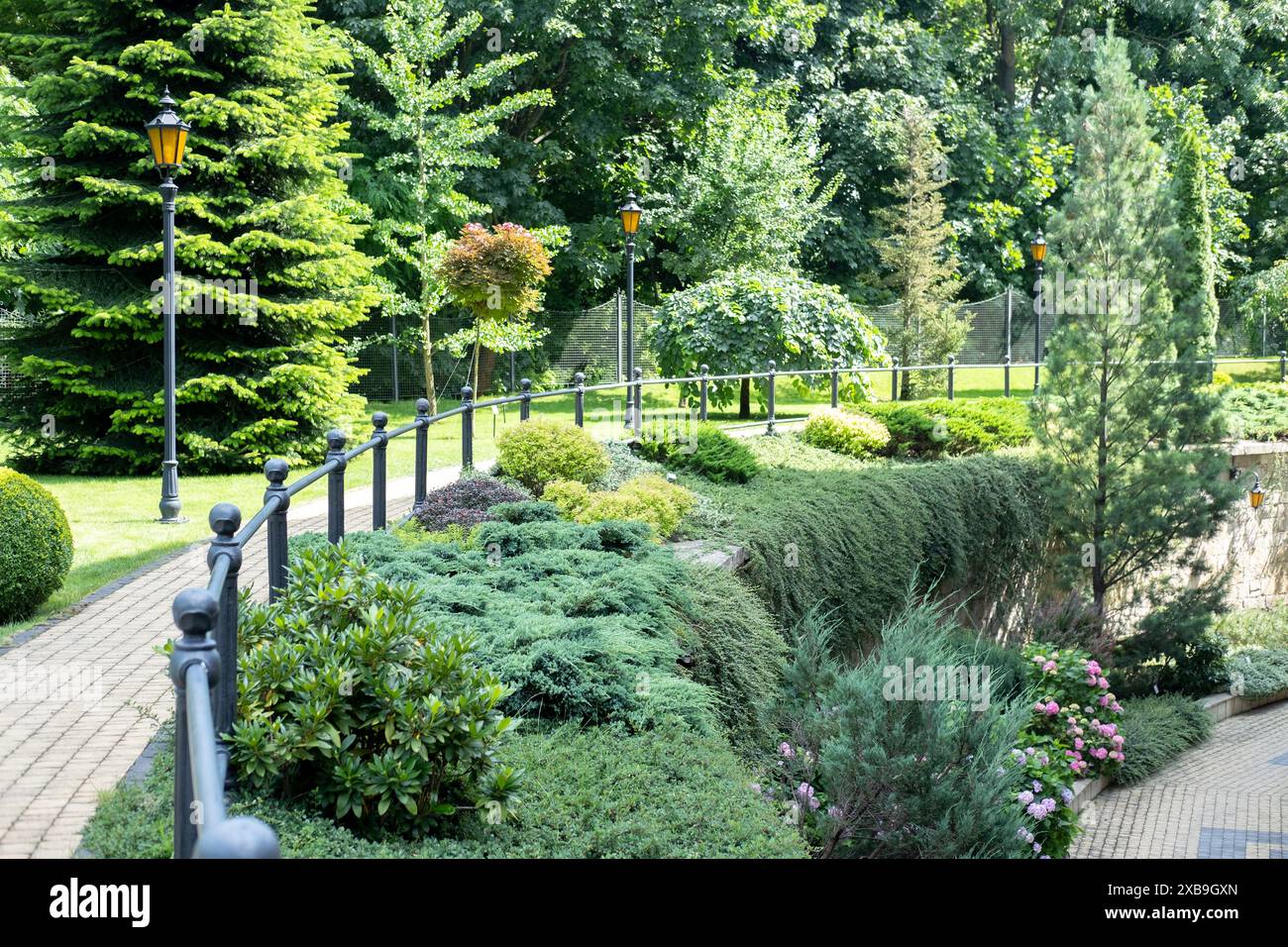 Landscaping. park with shrubs and green lawns. Blur and selective focus ...