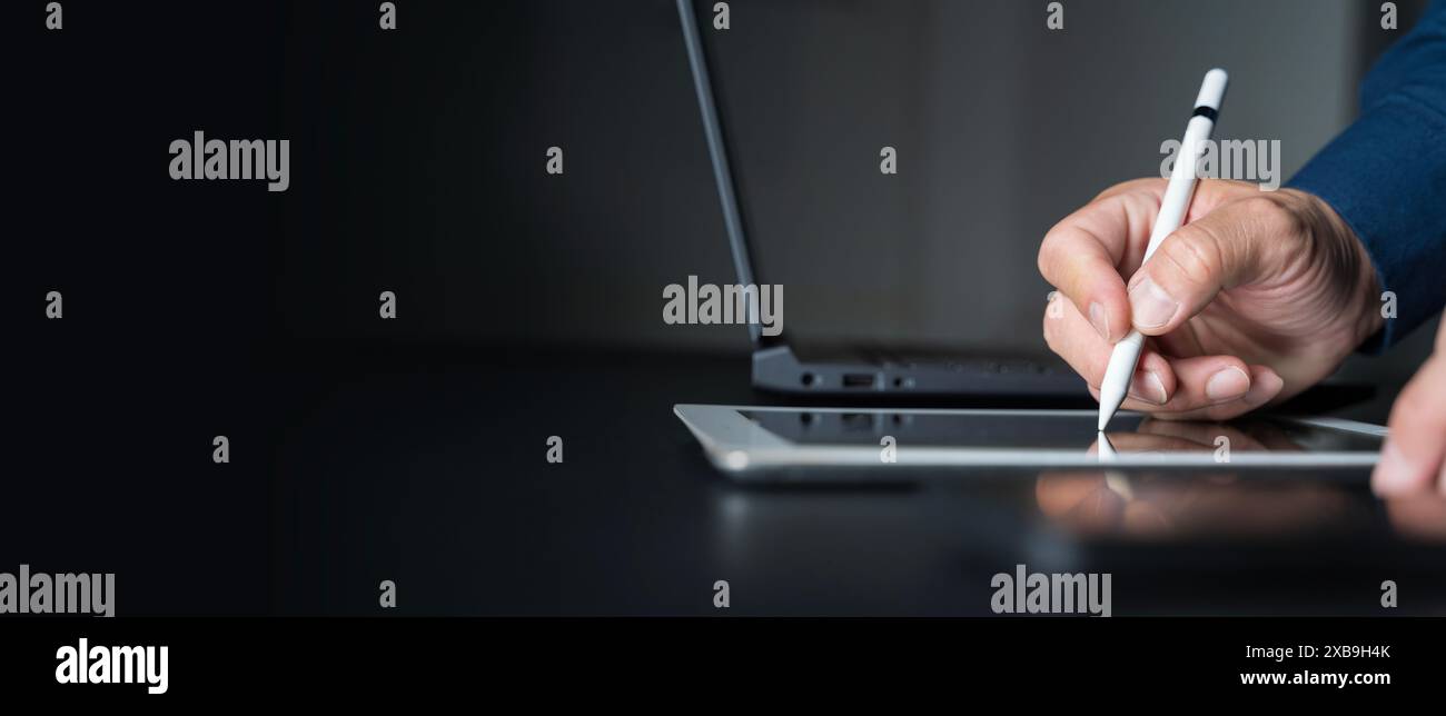 Close-up Businesswoman working online on the white table at office ...