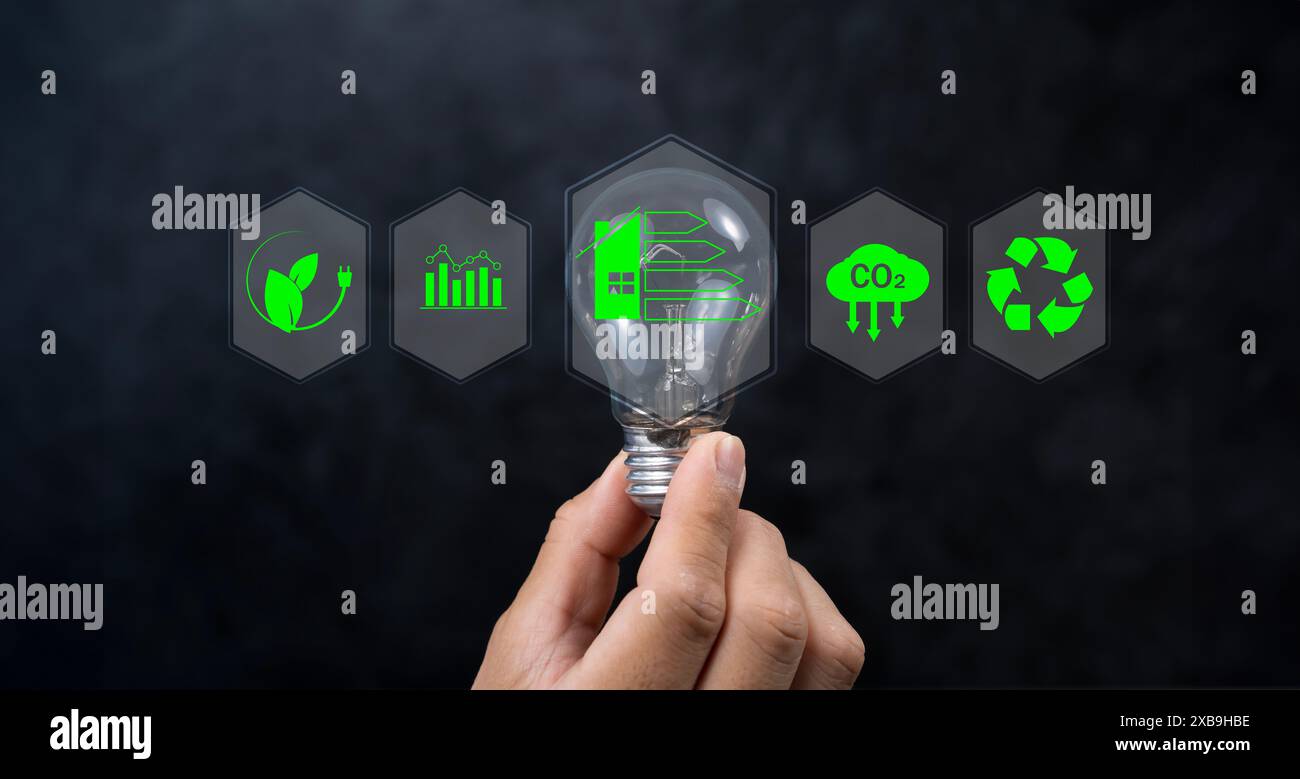 Energy efficiency concept. Businessman touching energy efficiency ...