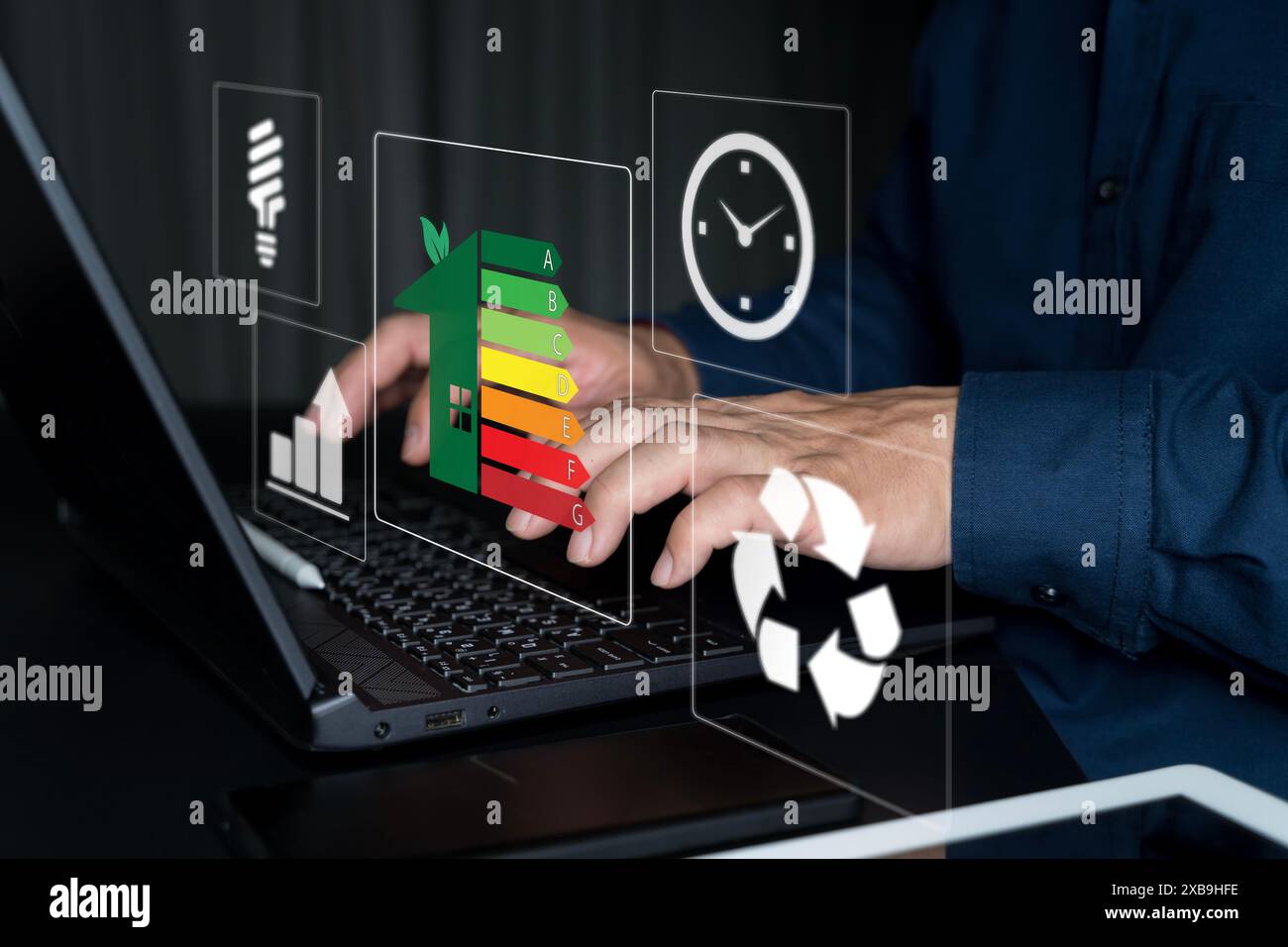 Home improvement concept, Hand of businessman using laptop with energy ...