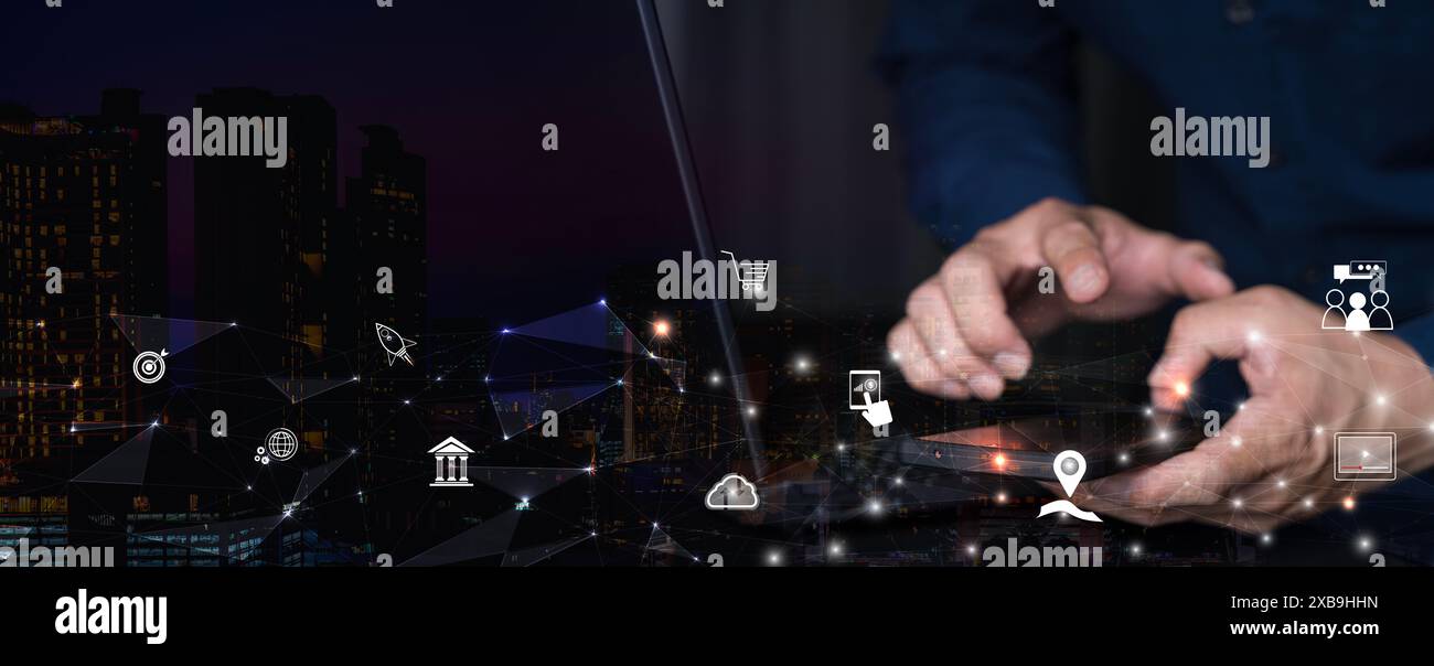 IoT Internet of Things, E-commerce concept. Man using mobile phone and ...