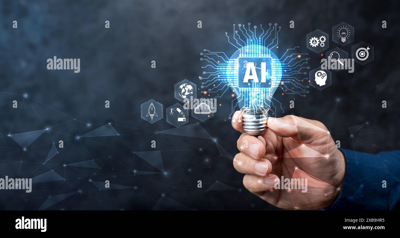 Robot touching brainstorming digital brain hi-res stock photography and ...