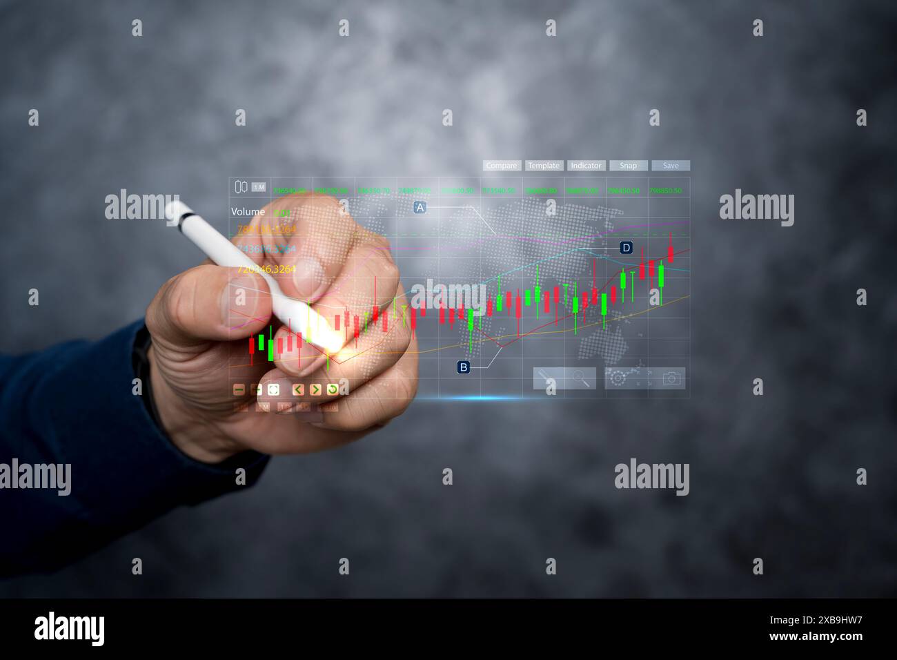 Office man finger touch hud, virtual screen with stock market changes ...