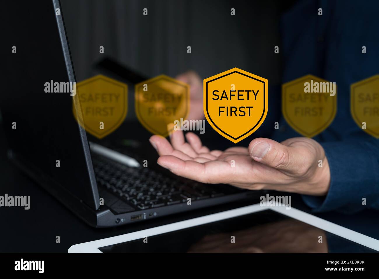 Safety first concept. Businessman using with safety first symbols for ...
