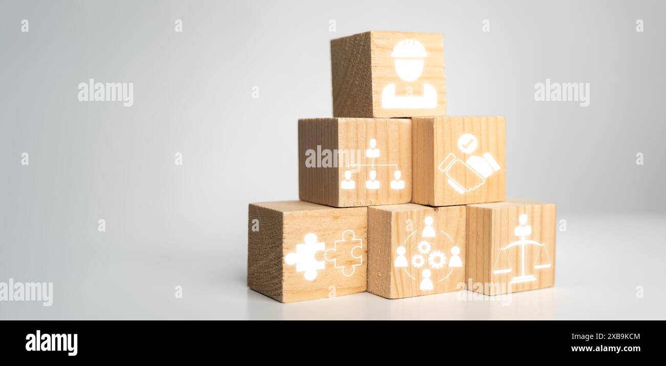 Trade union concept, Wooden block on desk with labour, organization ...