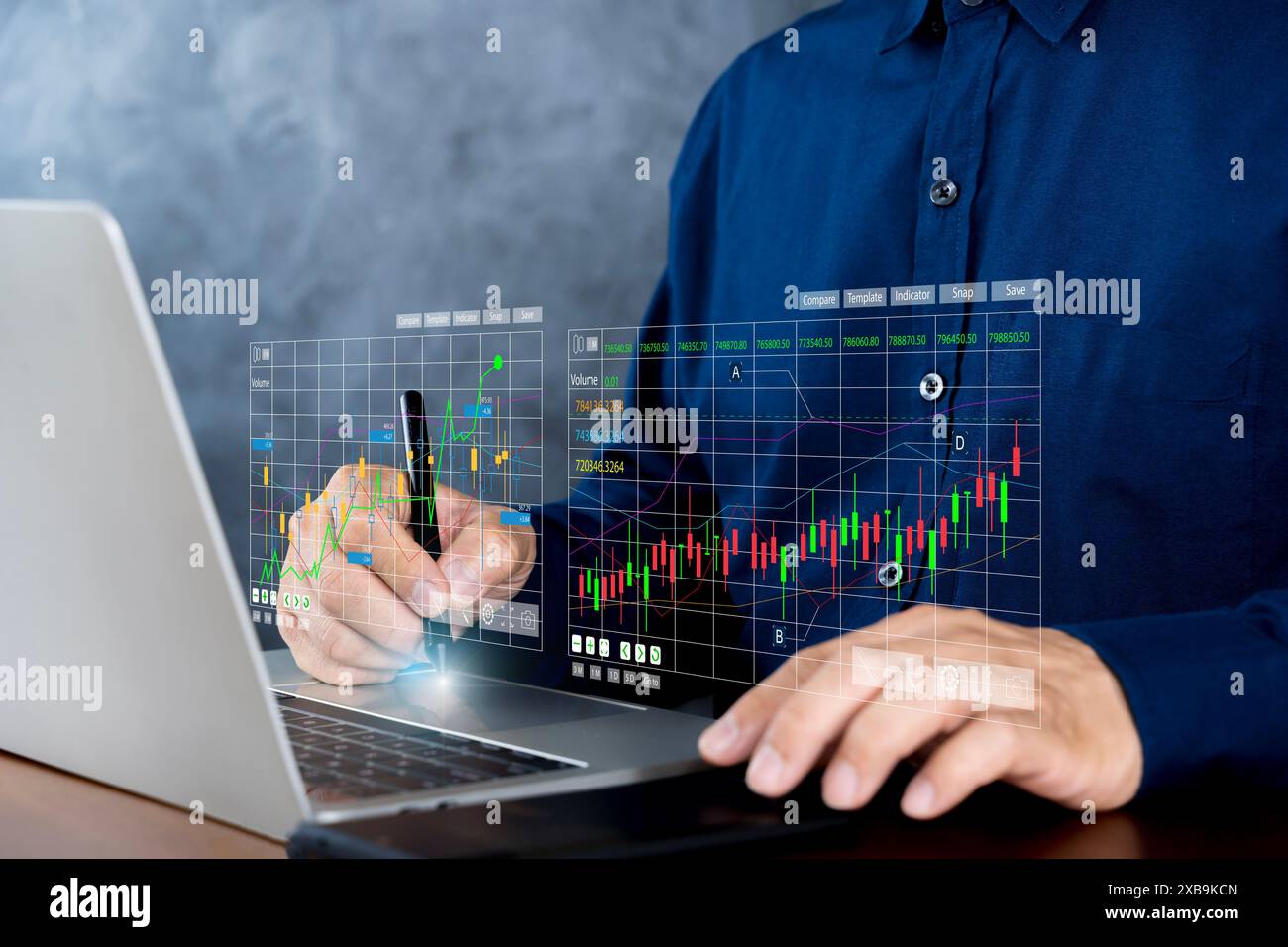 Trader use laptop analyzing growing stock on virtual screen for invest in trading. planning and ...