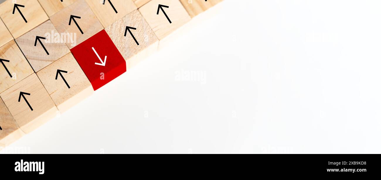 Wooden block cube reversing perspective direction arrow up opposite way ...