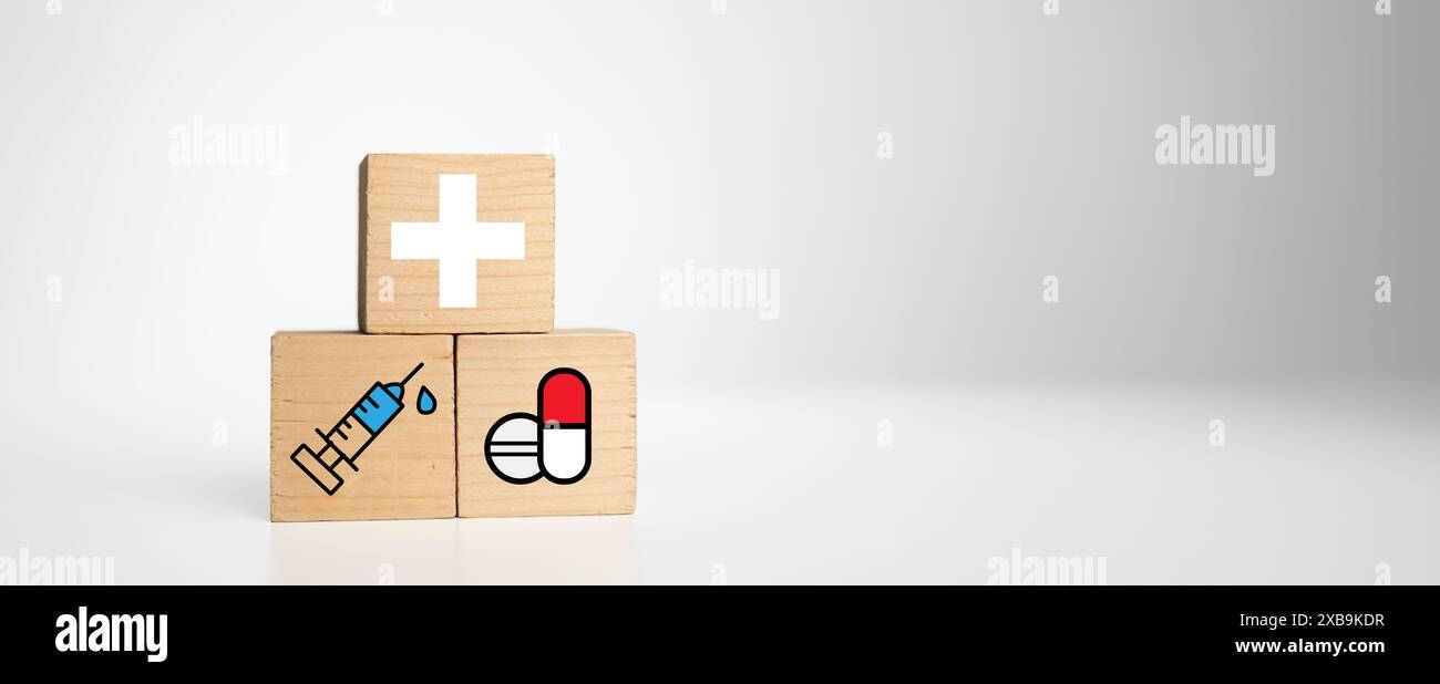 Wooden block with healthcare medical icons white pastel background ...