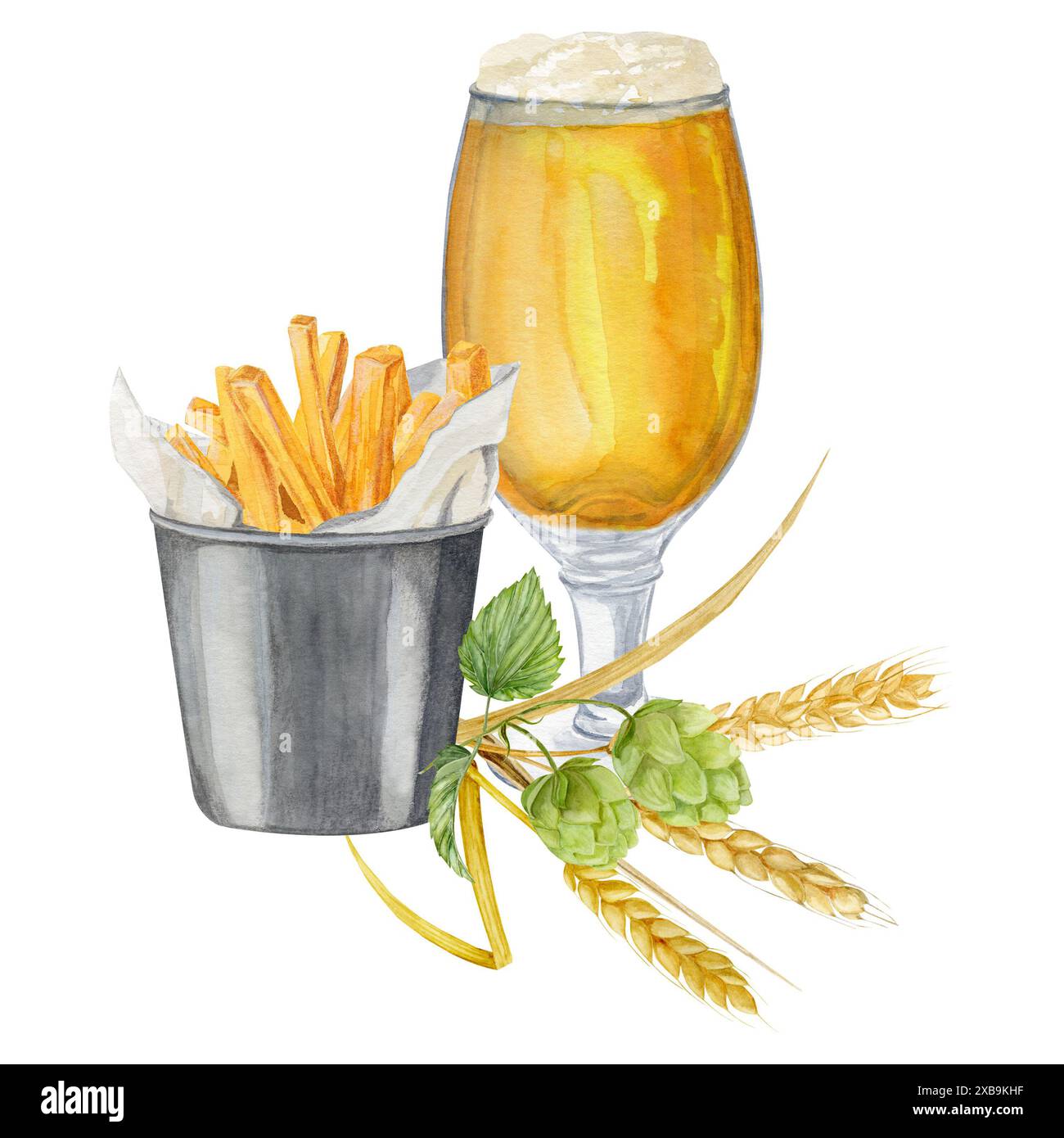 Composition with shaped glass of beer, snack bucket of French Fries and ...