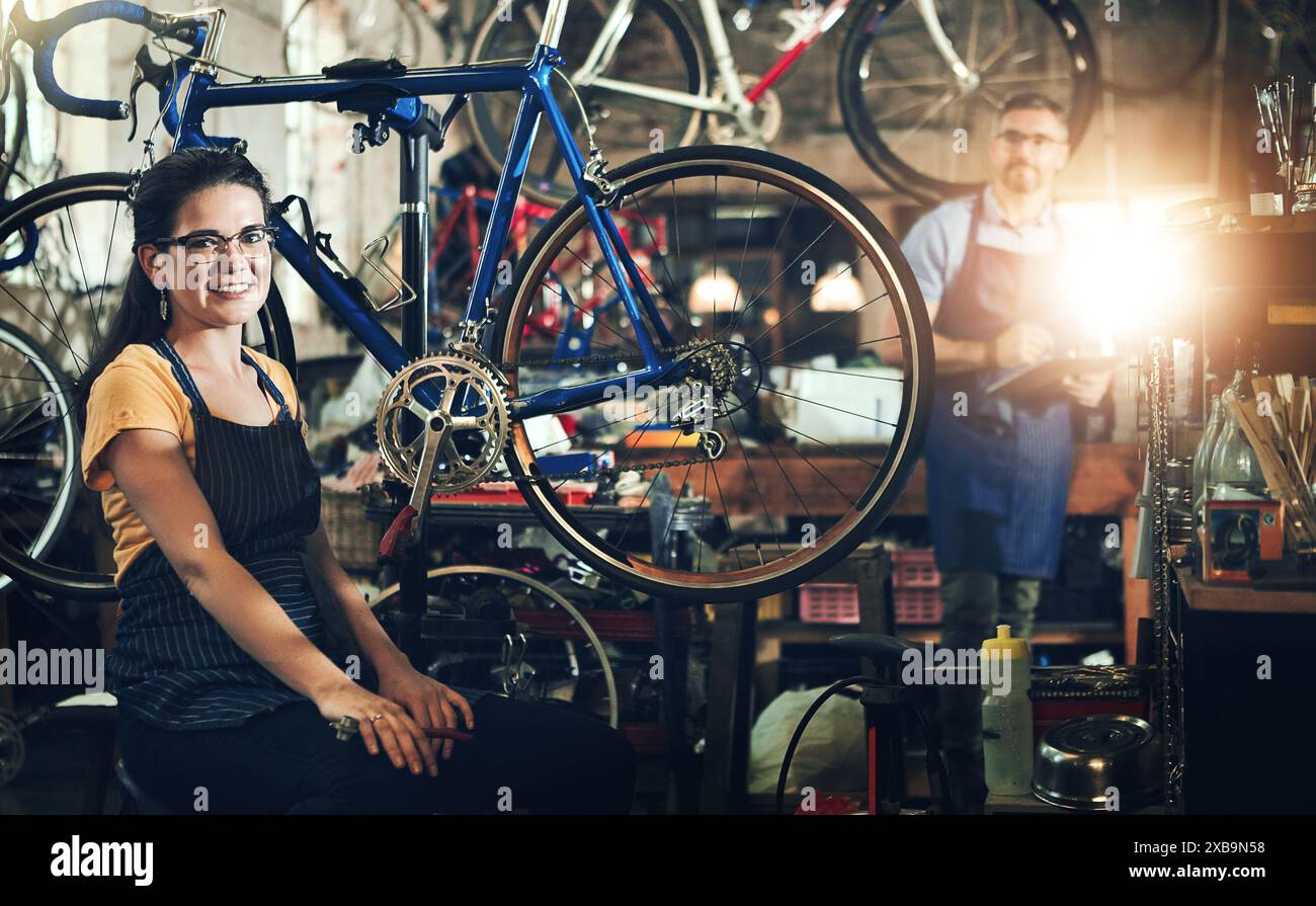 People, portrait and bicycle mechanic with teamwork for inspection ...