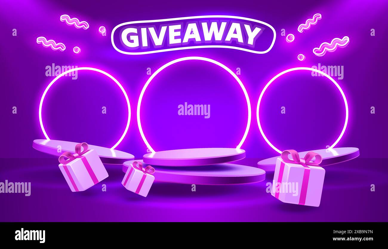 Giveaway neon podium, shop mega discount, special promo frame. Vector ...