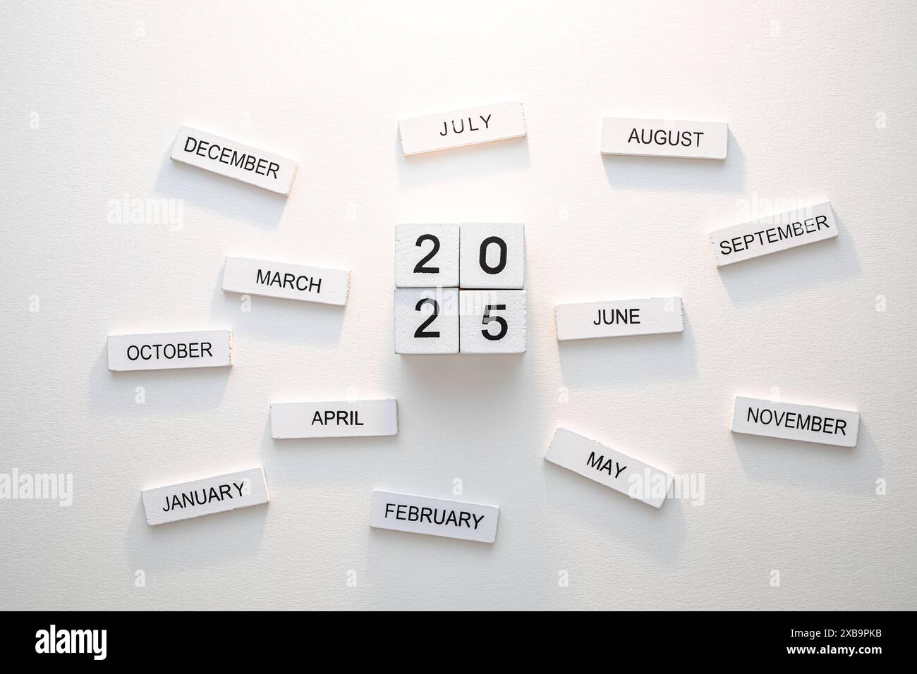 White Wooden Blocks Displaying Year 2025 With Surrounding Months Labels ...