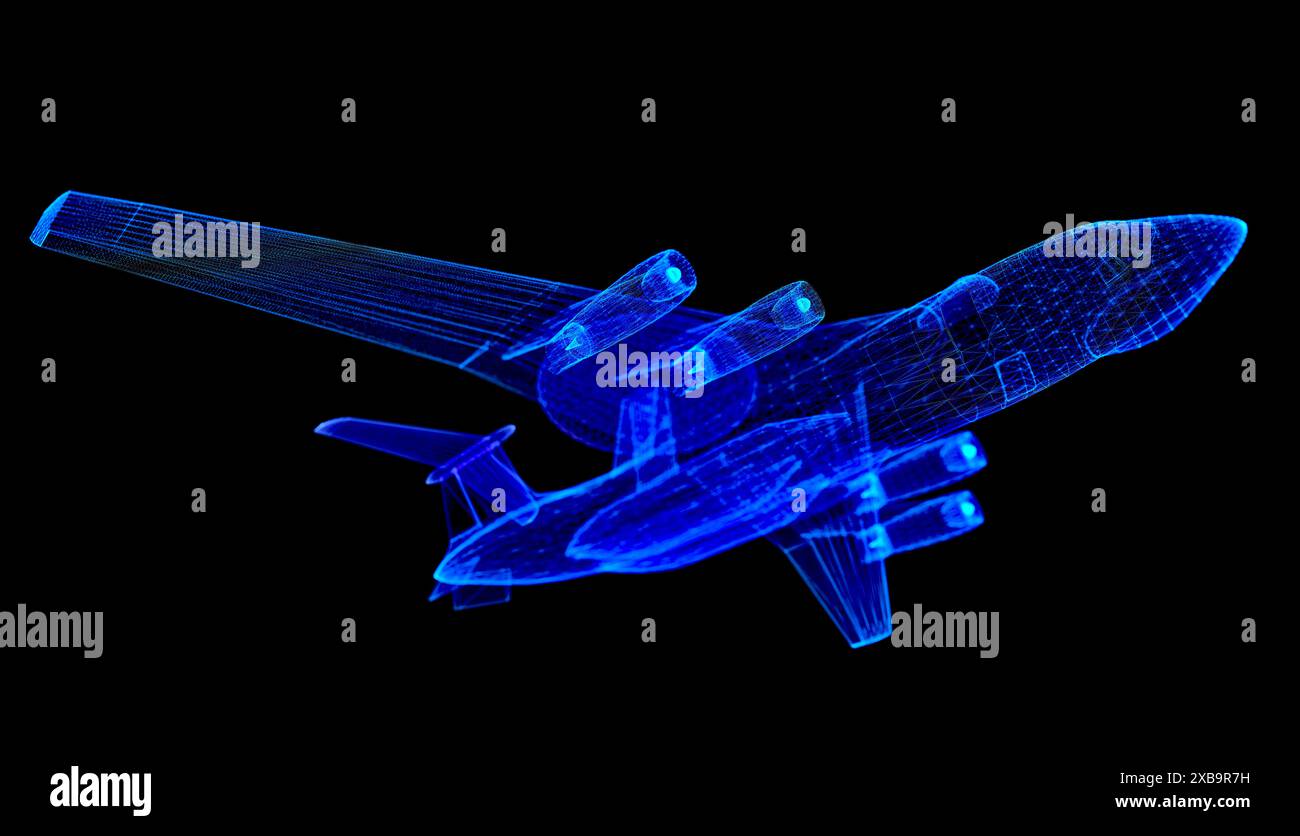 AWACS jet airplane. Glowing neon particles and blue lights formation of ...