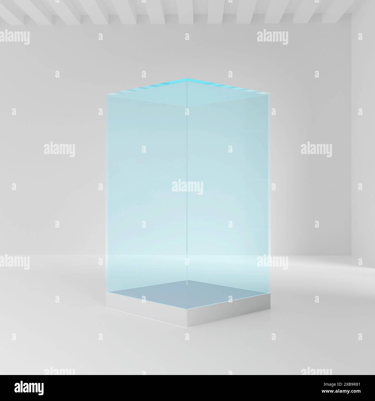 Realistic glass square showcase. Empty glass box in room. 3d ...
