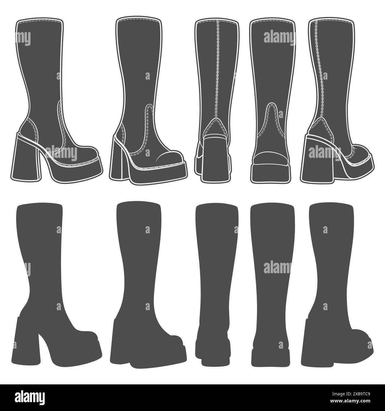 Set of black and white retro women's boots. Isolated vector objects on ...