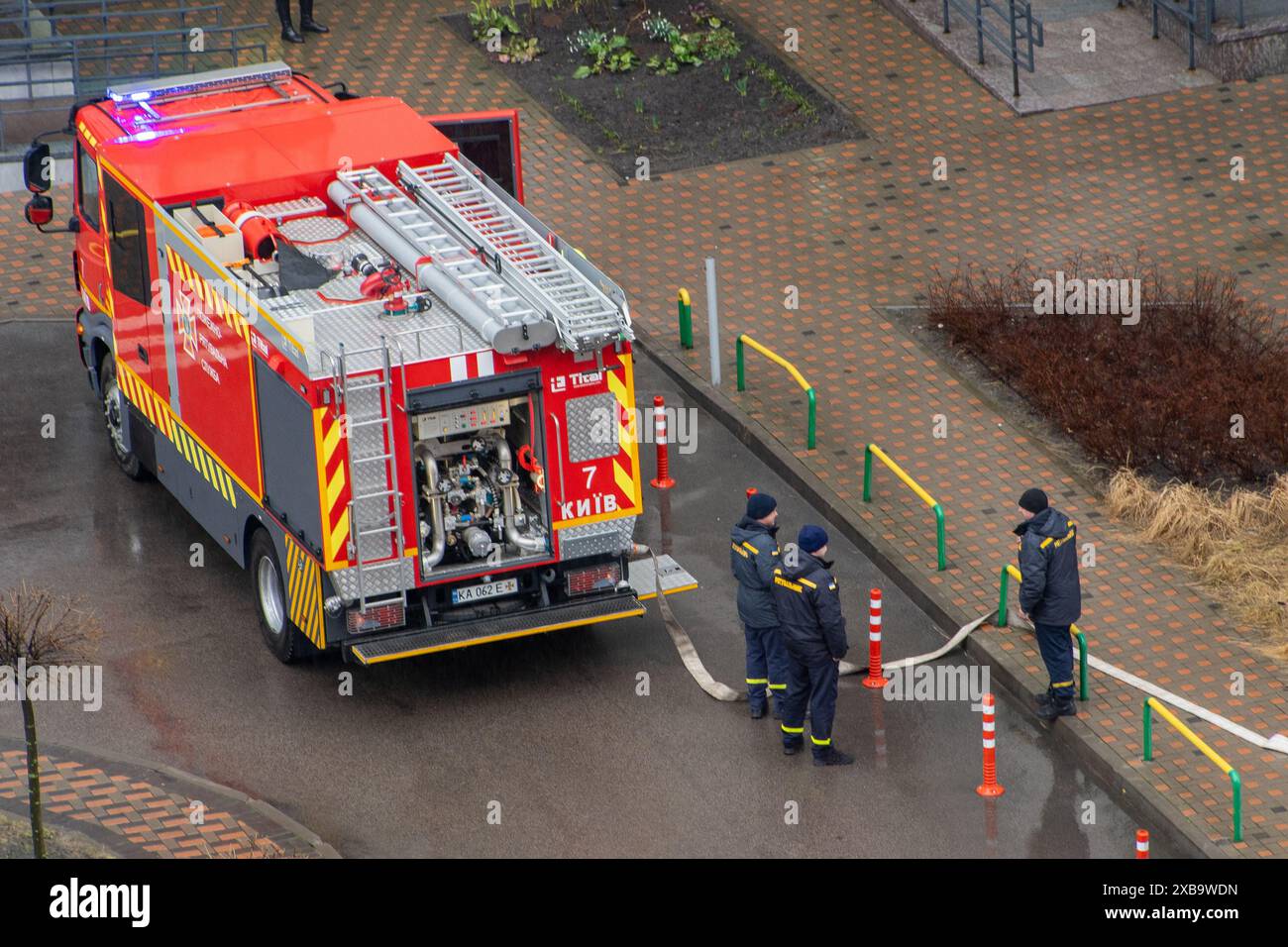 A fire truck on an emergency call to extinguish a fire. Ukraine, Kyiv ...