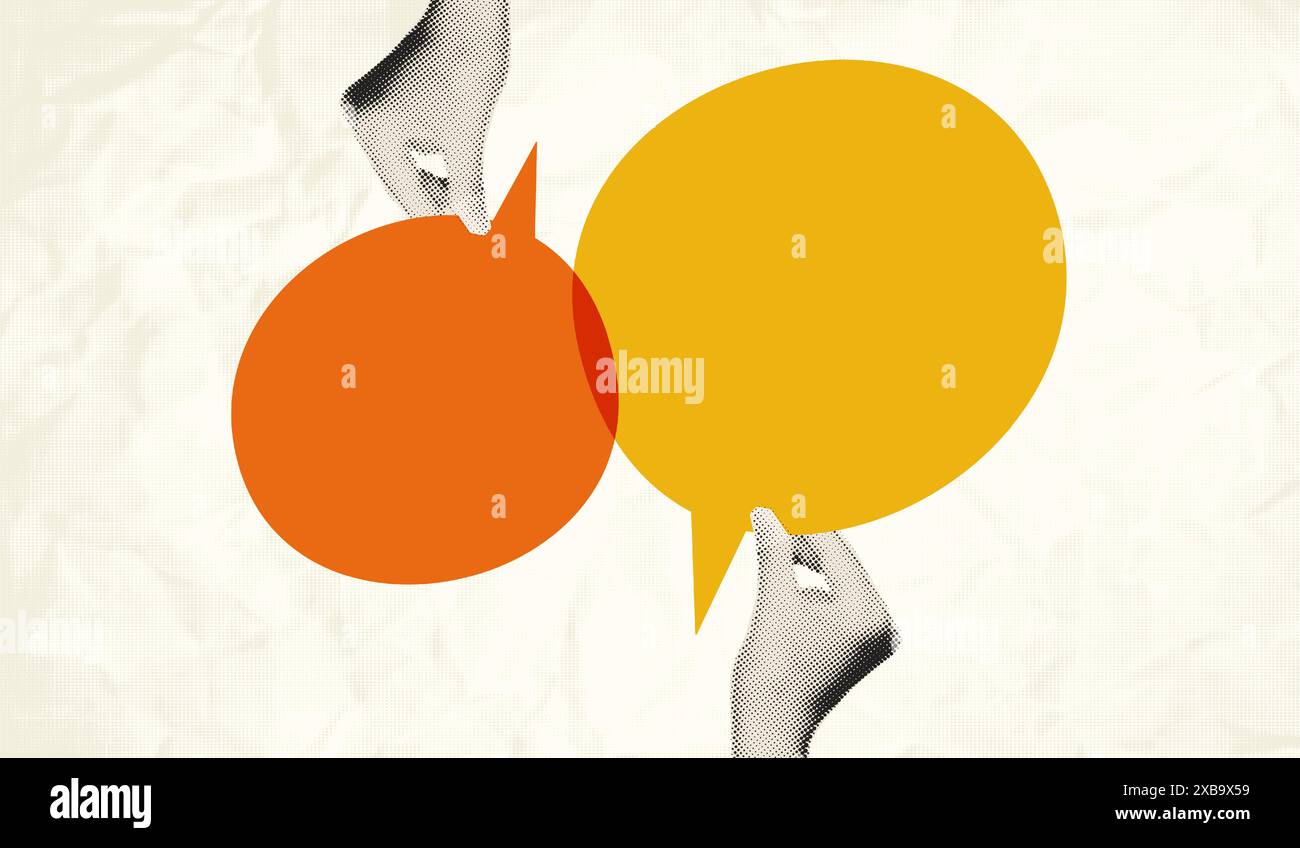Halftone hands holding speech bubbles collage vector illustration Stock Vector Image & Art - Alamy
