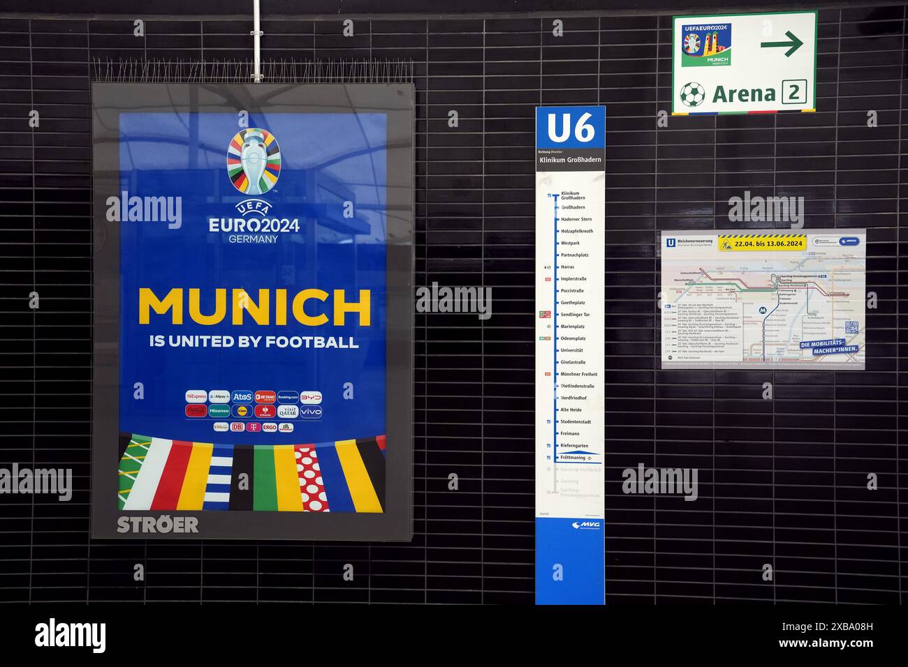 UEFA Euro 2024 signage at Fröttmaning station, Munich, Germany. Germany ...