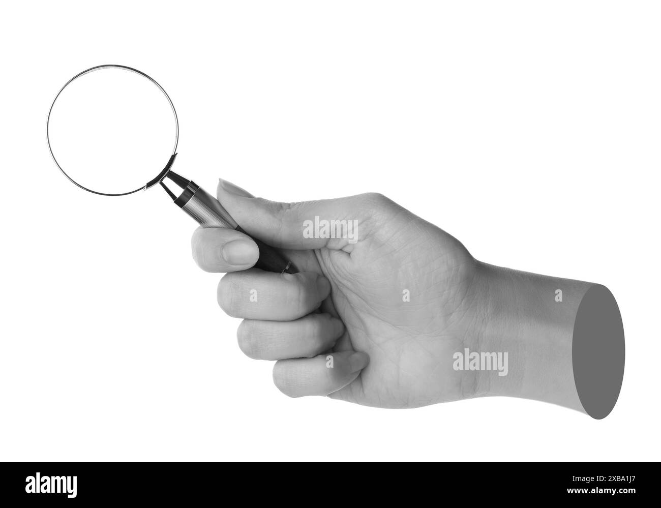 Woman's hand with magnifying glass on white background. Black and white ...
