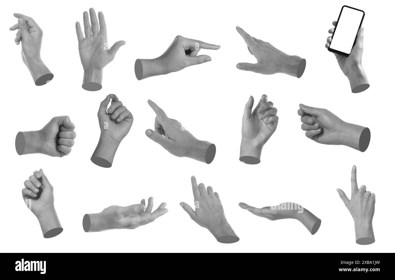 Set of different hand gestures isolated on white. Black and white ...