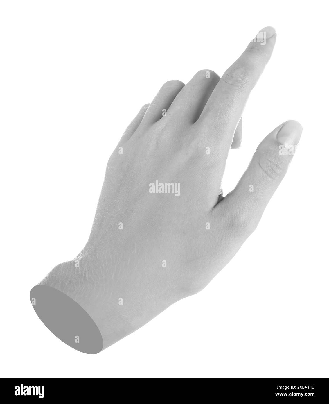 Woman's hand pointing at something on white background. Black and white ...