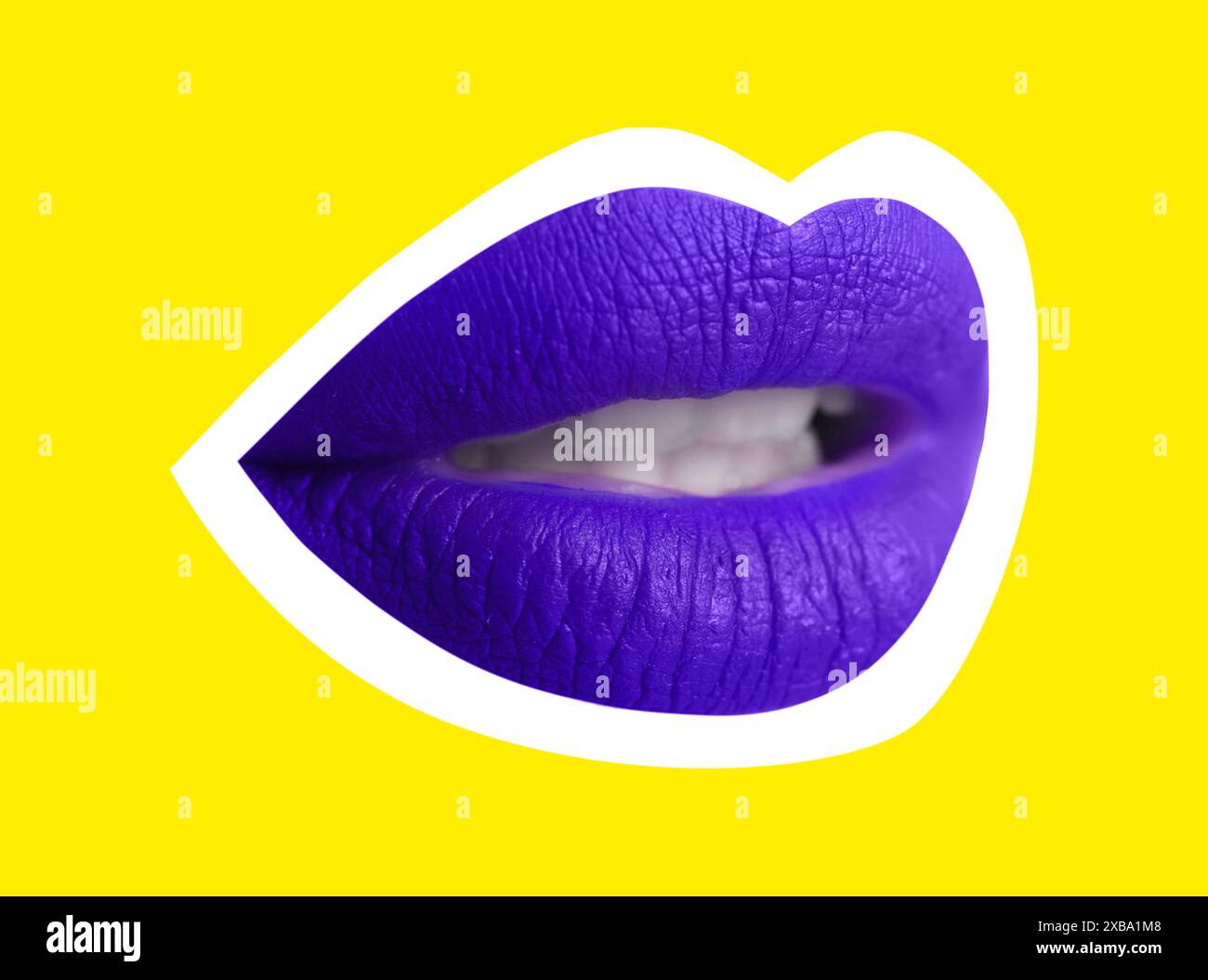 Woman's lips with bright lipstick and white outline on yellow ...