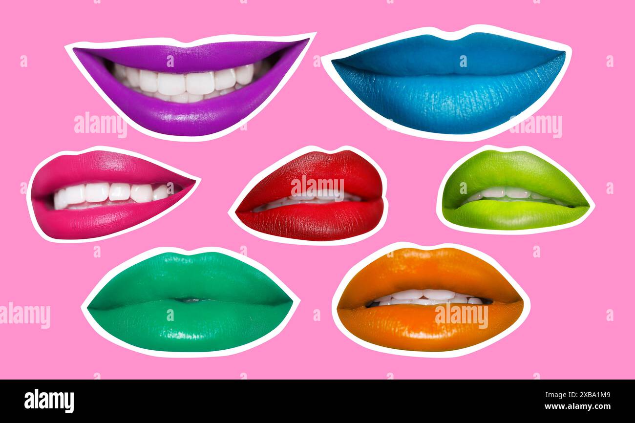 Collage of bright women's lips with white outline on pink background ...