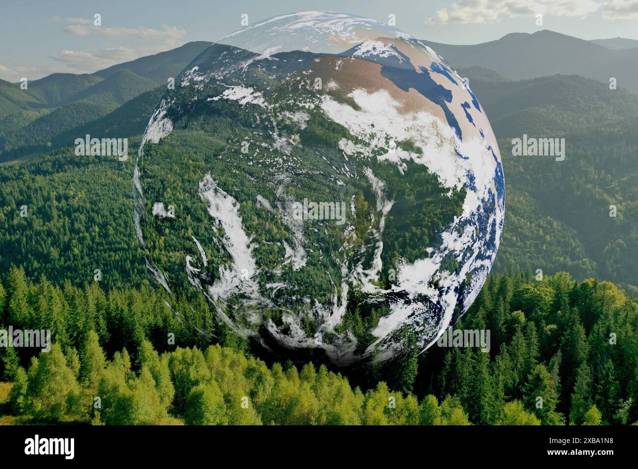 Save the planet. Beautiful mountains and planet Earth, double exposure ...