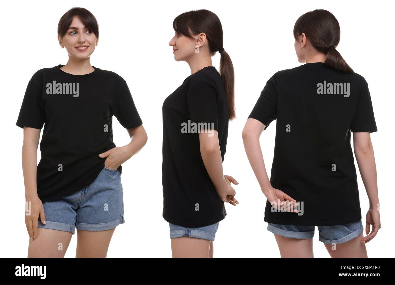 Woman wearing black t-shirt on white background, collage of photos ...