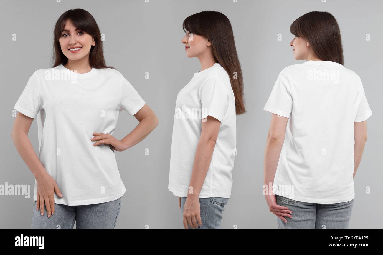 Woman wearing white t-shirt on light grey background, collage of photos ...