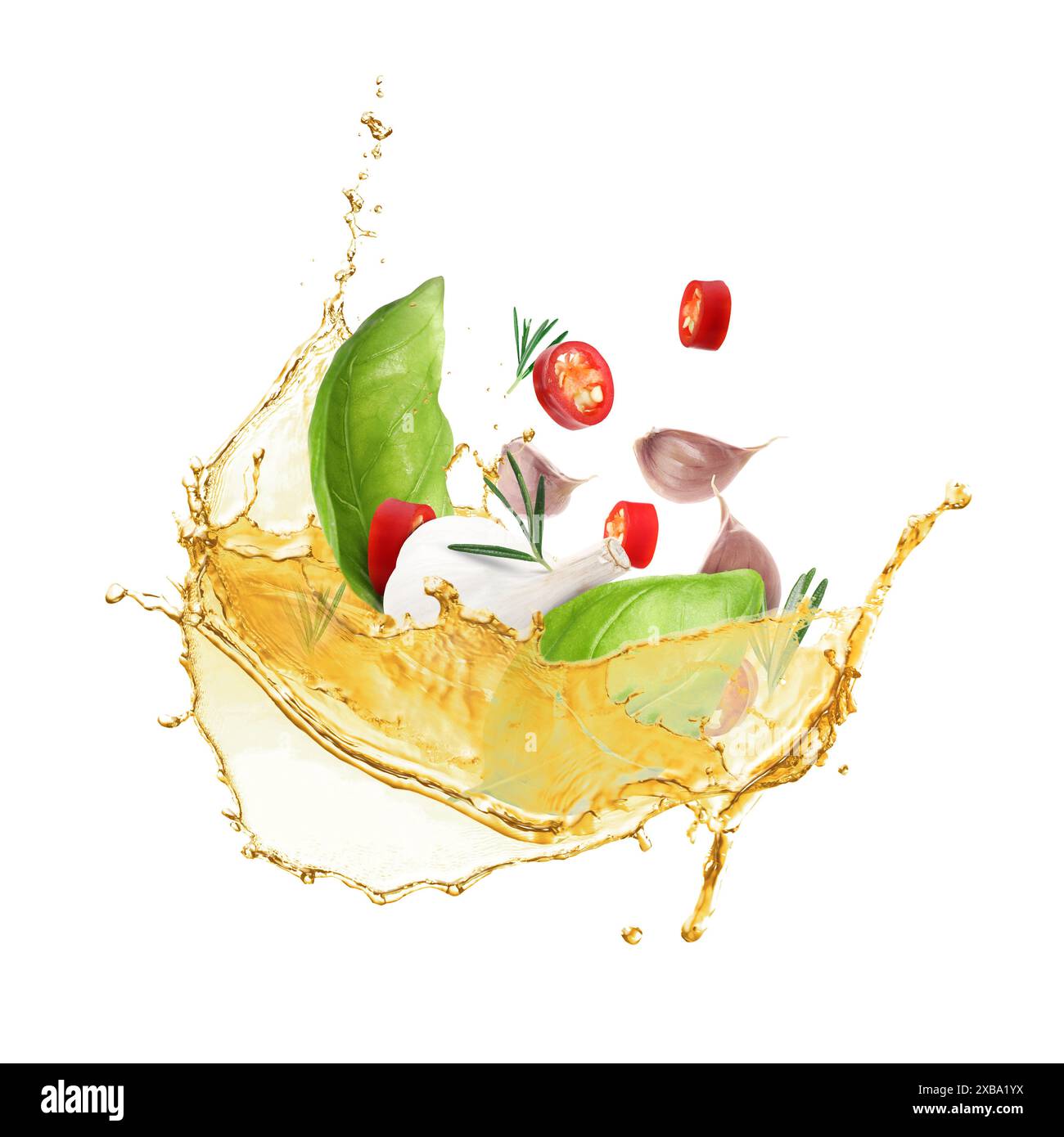 Cooking oil splash with chili pepper, basil, rosemary and garlic in air ...