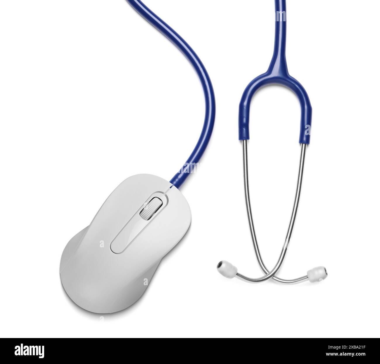 Stethoscope with computer mouse isolated on white, top view. Online ...