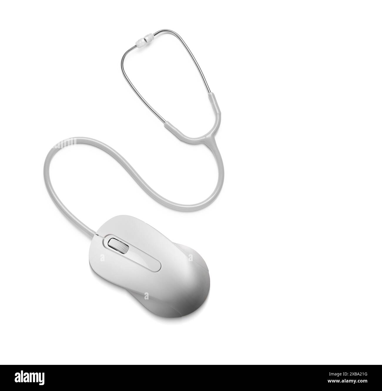 Stethoscope with computer mouse isolated on white, top view. Online ...