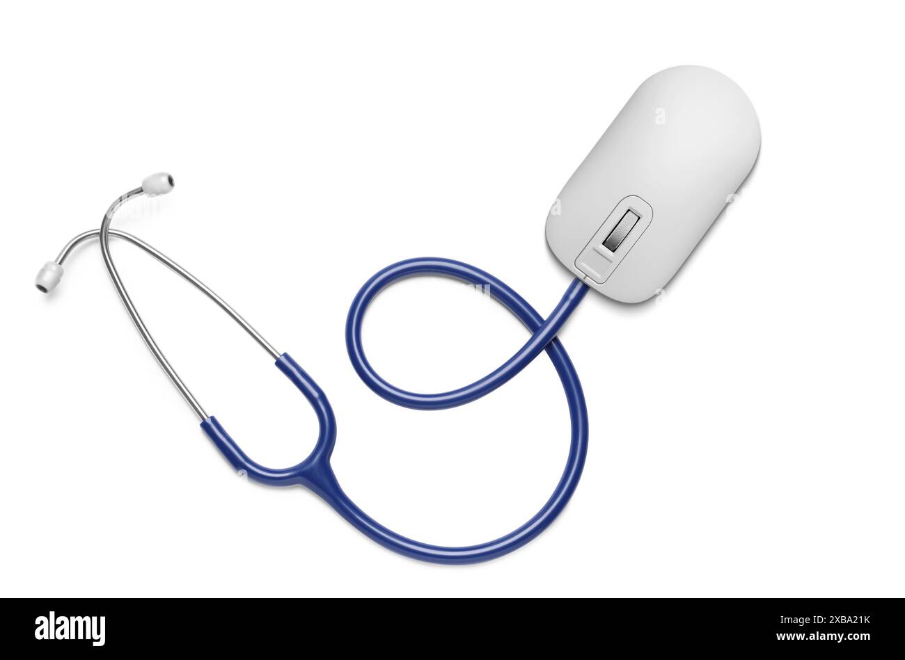 Stethoscope with computer mouse isolated on white, top view. Online ...