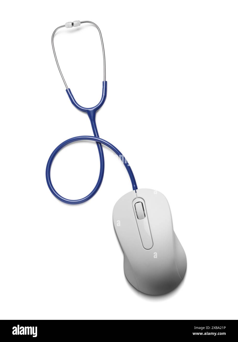 Stethoscope with computer mouse isolated on white, top view. Online ...