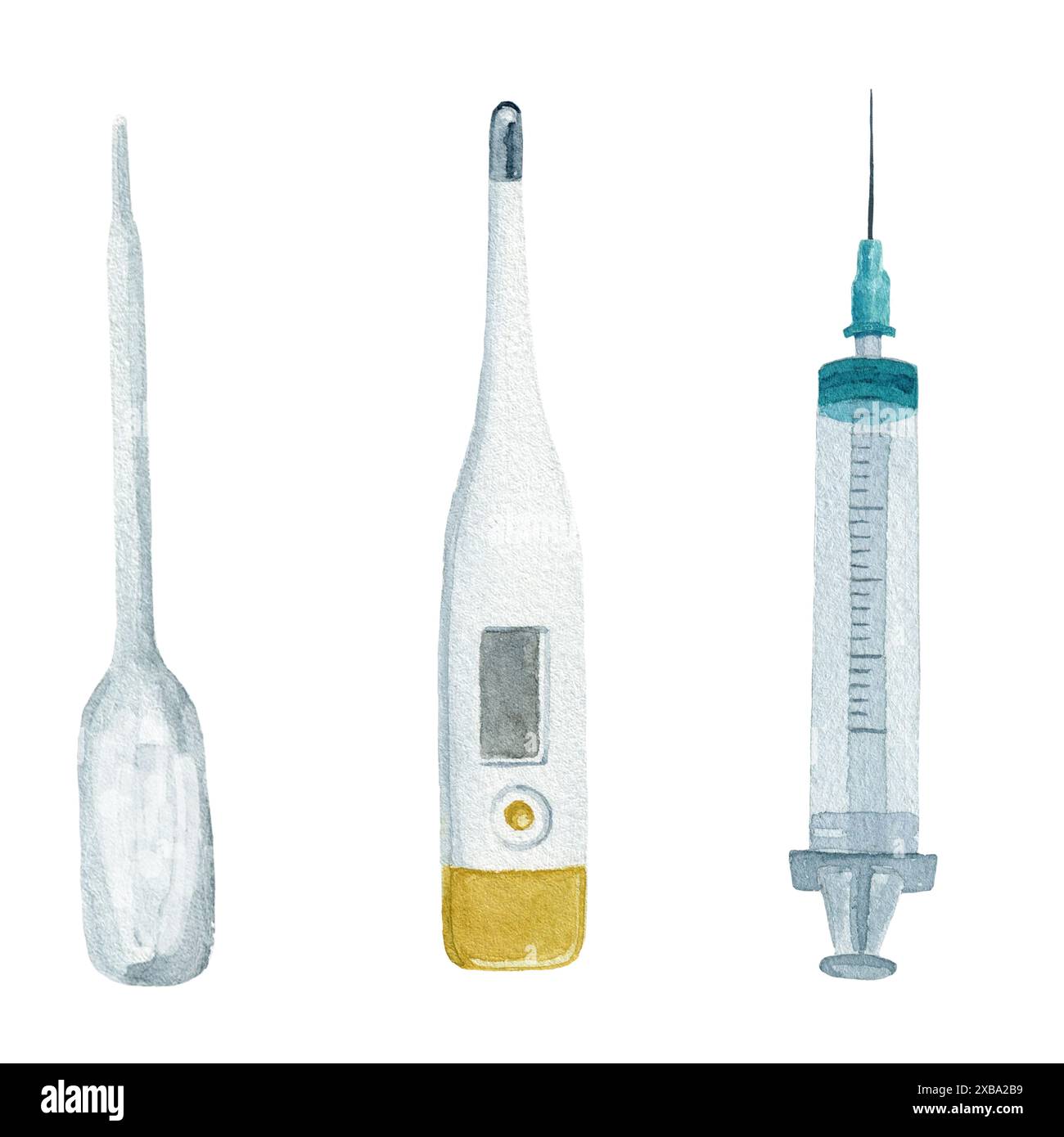 Pipette, thermometer, syringe. Hand drawn watercolor illustration ...
